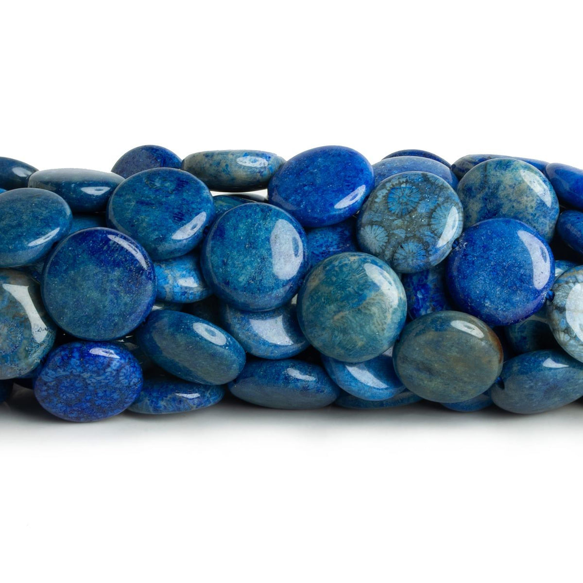 15mm Blue Fossil Coral Coins 15 inch 25 beads – The Bead Traders